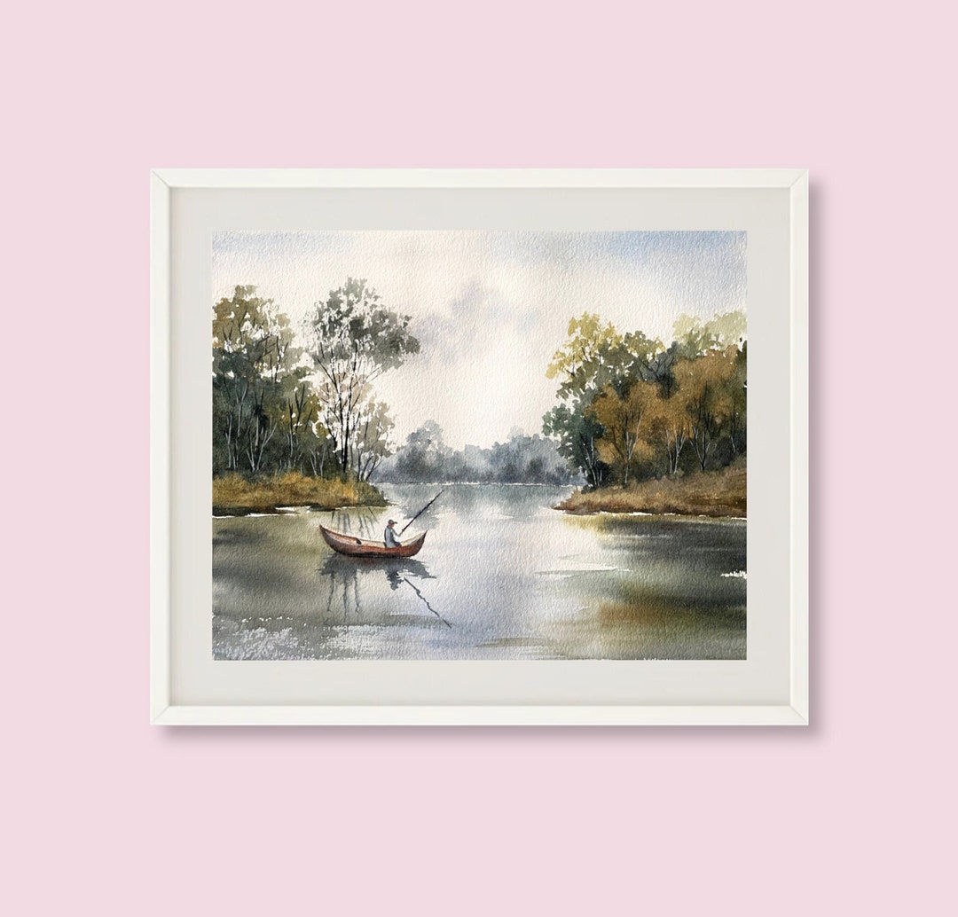 Fisherman Painting Row Boat Art Print Lake Watercolor Painting - Etsy