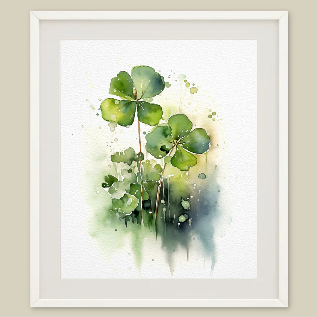 Four Leaf Clover Painting Irish Watercolor Art Print Shamrock Botanical ...
