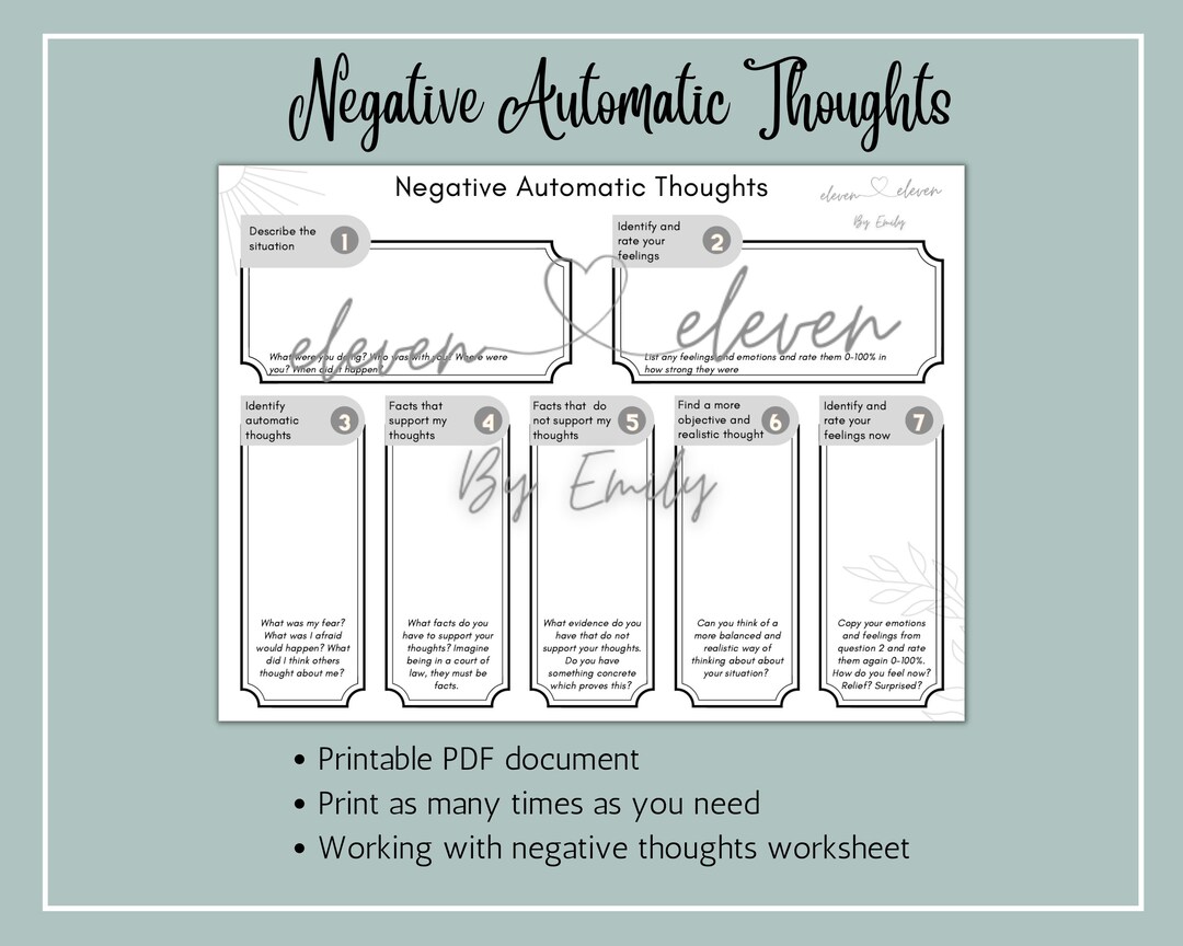 Negative Thoughts Therapy PDF Printable Worksheet - Etsy