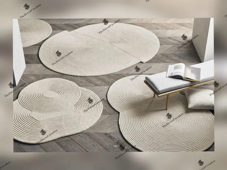 Distinctive Ivory Irregular Shape High-low Pile Wool Rug Elegant ...