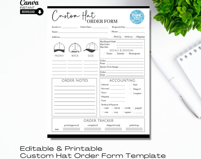 Editable and Printable Hat Order Form Template, Custom Hat Order Form ...