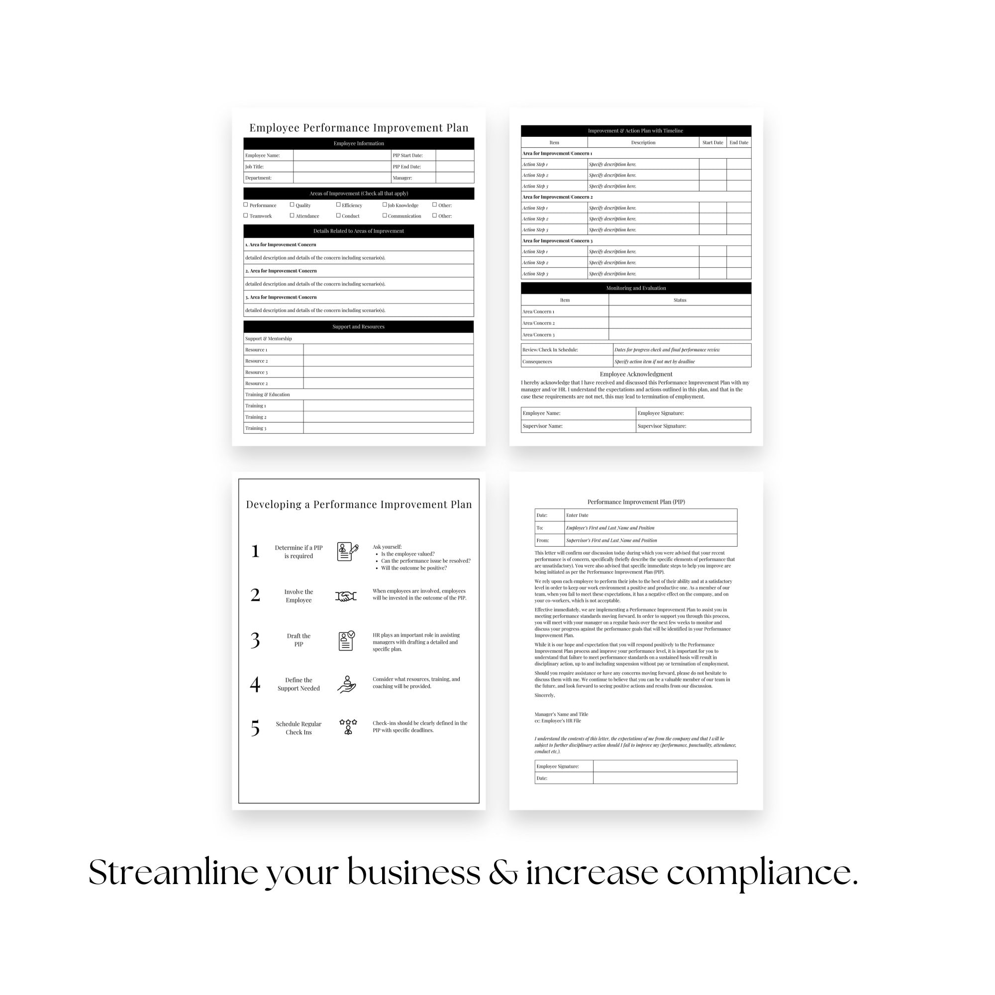 Editable Performance Improvement Plan Template, Printable Employee ...