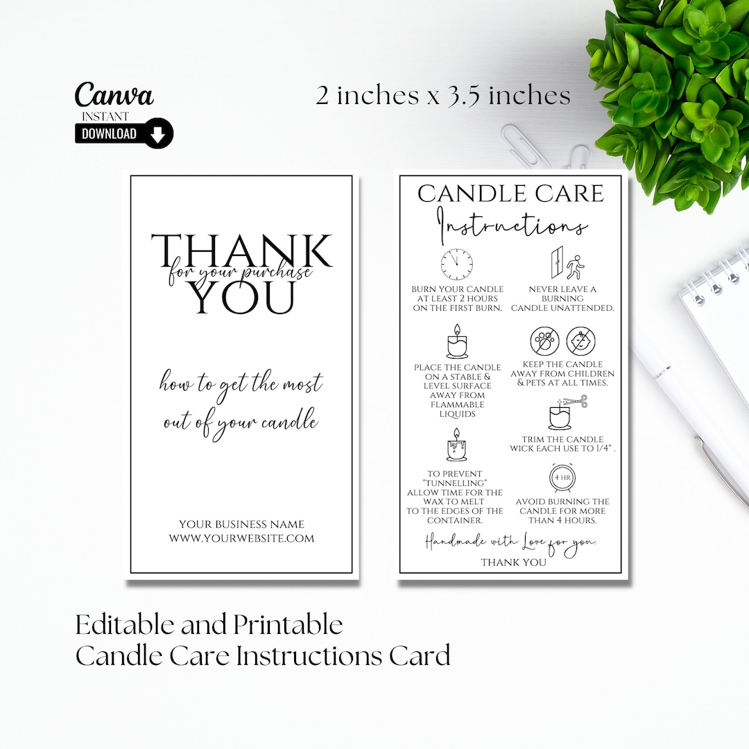 Editable Candle Care Card, Printable Candle Care Instructions, Candle ...