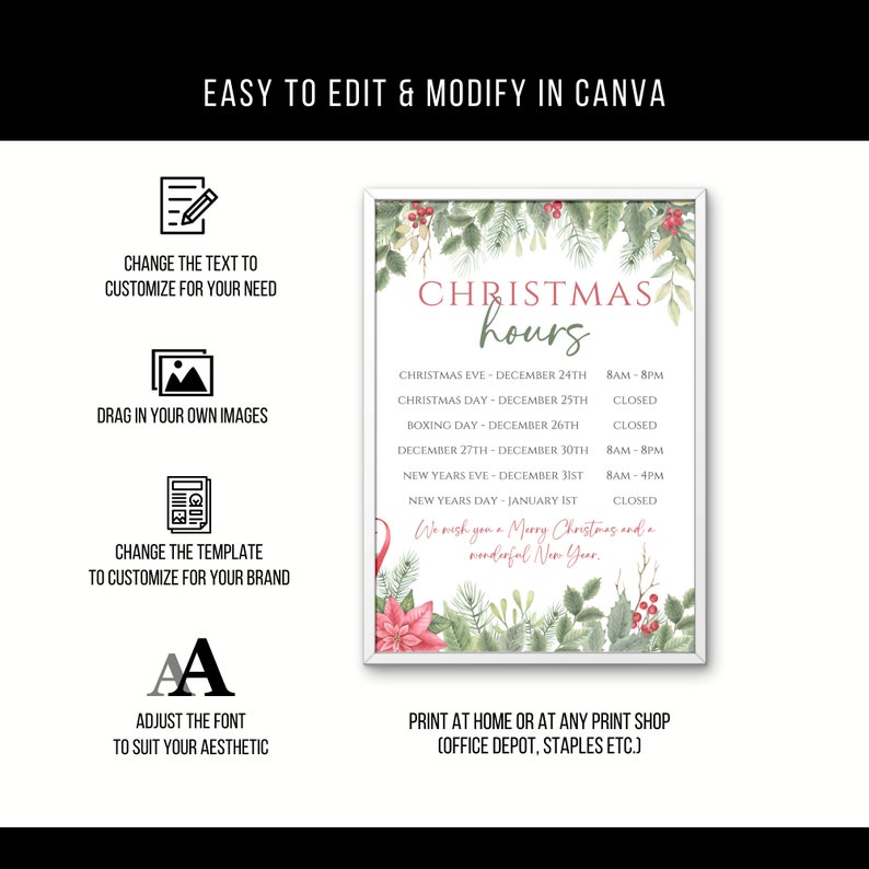 Editable Christmas Store Hours Sign: Holiday Business Template (digital ...
