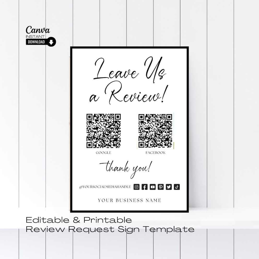 Editable Leave a Review Sign Template, Ask for Review QR Code Sign ...