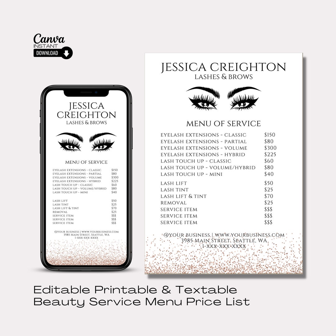 Eyelash Price List Template, Eyelash Artist Price Sign, Lash Extensions ...