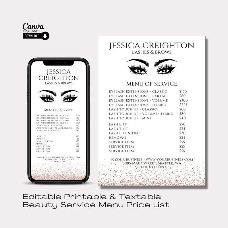 Eyelash Price List Template, Eyelash Artist Price Sign, Lash Extensions ...