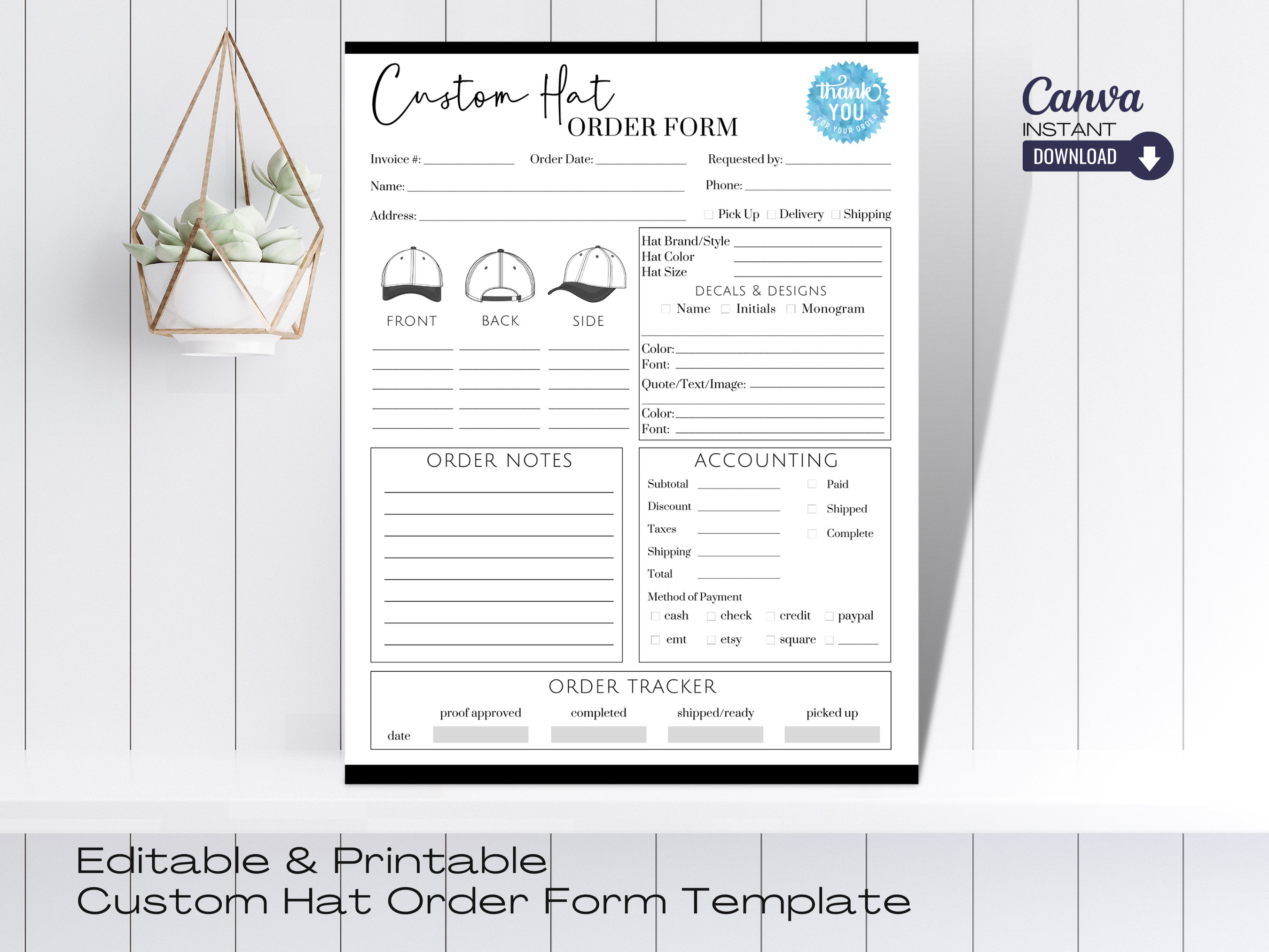 Editable Hat Order Form Printable Order Form Hat Order Form - Etsy