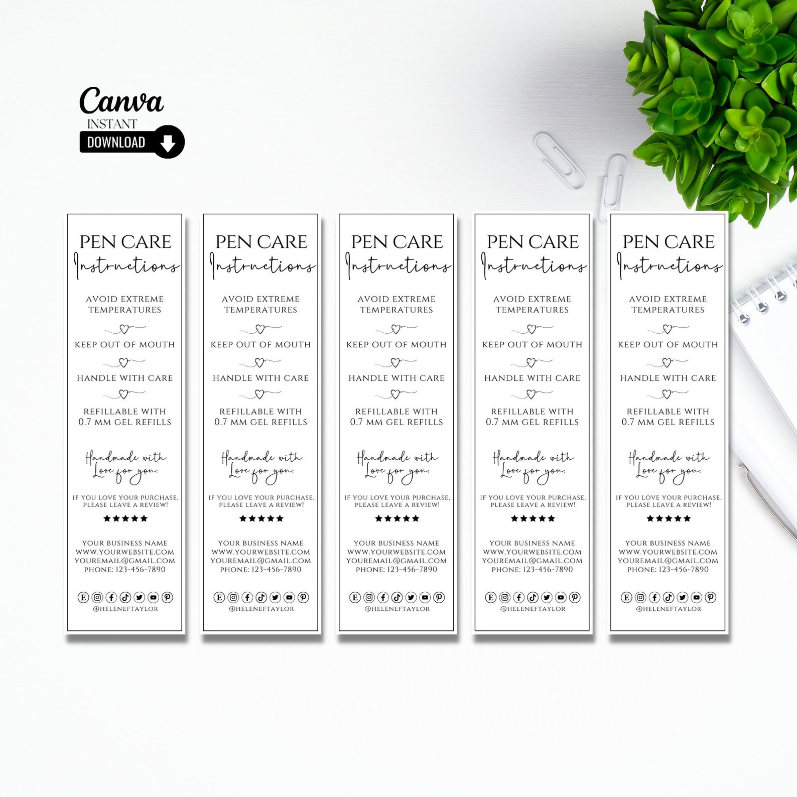 Editable Pen Care Instructions Card: Small Business Packaging (digital ...