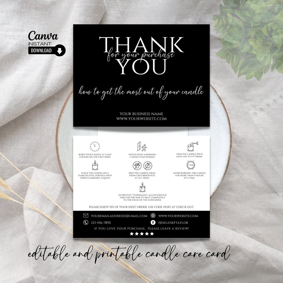 Candle Care Card, Printable Candle Care Instructions, Editable Candle ...