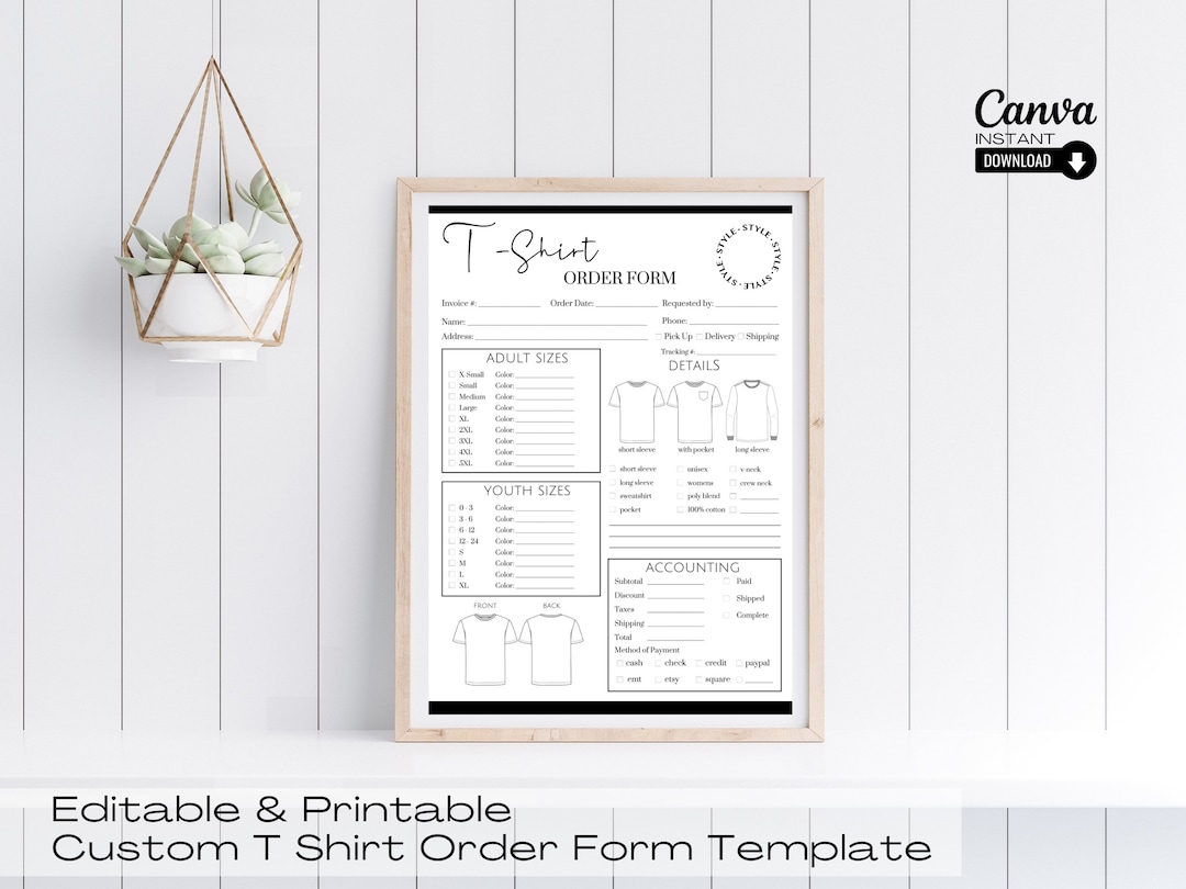 Editable T-shirt Custom Order Form Printable Apparel Order - Etsy