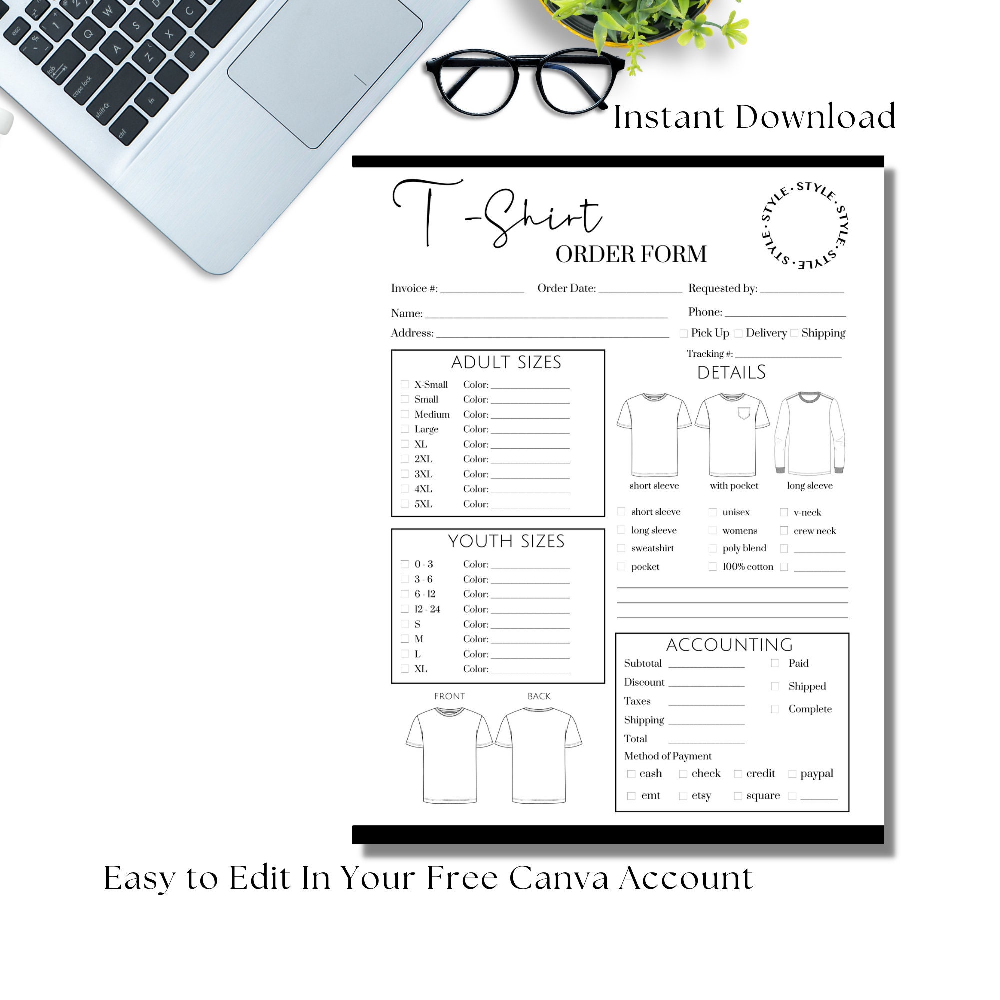 Editable T-shirt Custom Order Form, Printable Apparel Order Form ...