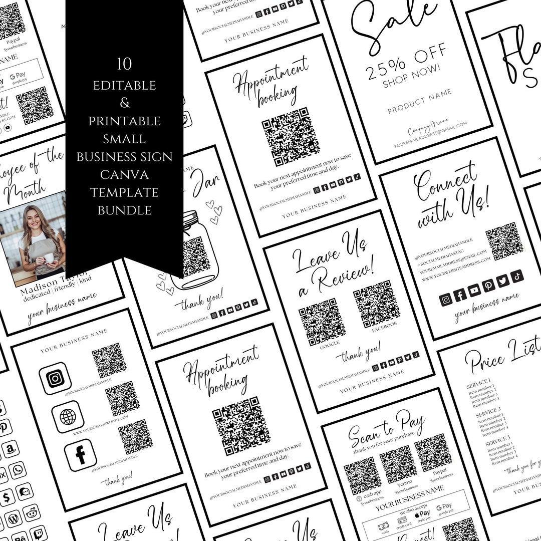 Editable Business Sign Template Bundle: QR Code Signs (canva) - Etsy
