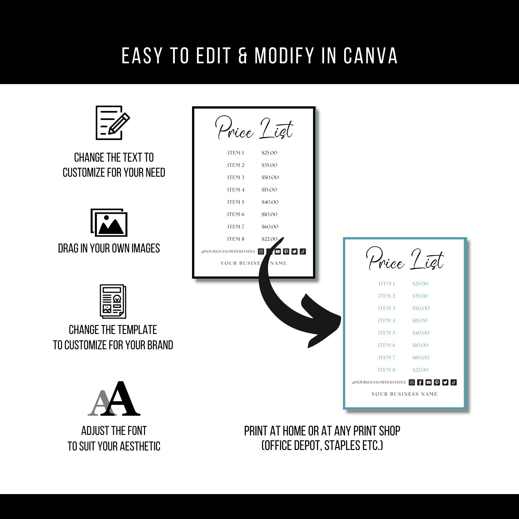 Editable Price List Sign Template, Printable Price List Template, Small ...