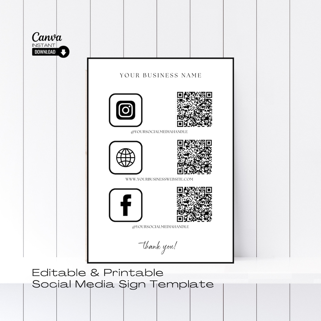 Editable Social Media Sign Template, QR Code Sign, Printable Instagram ...