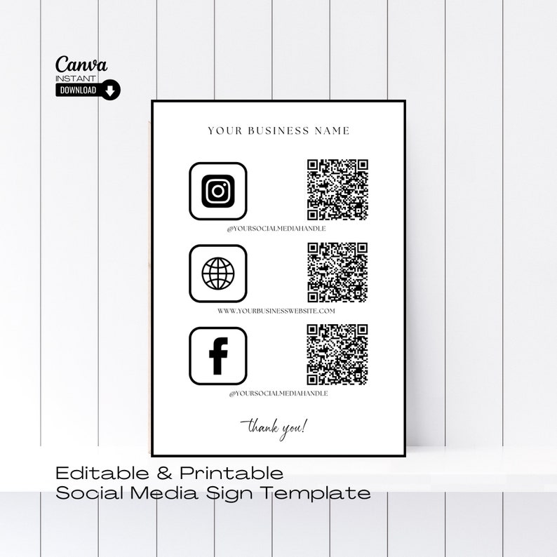 Editable Social Media Sign Template, QR Code Sign, Printable Instagram ...