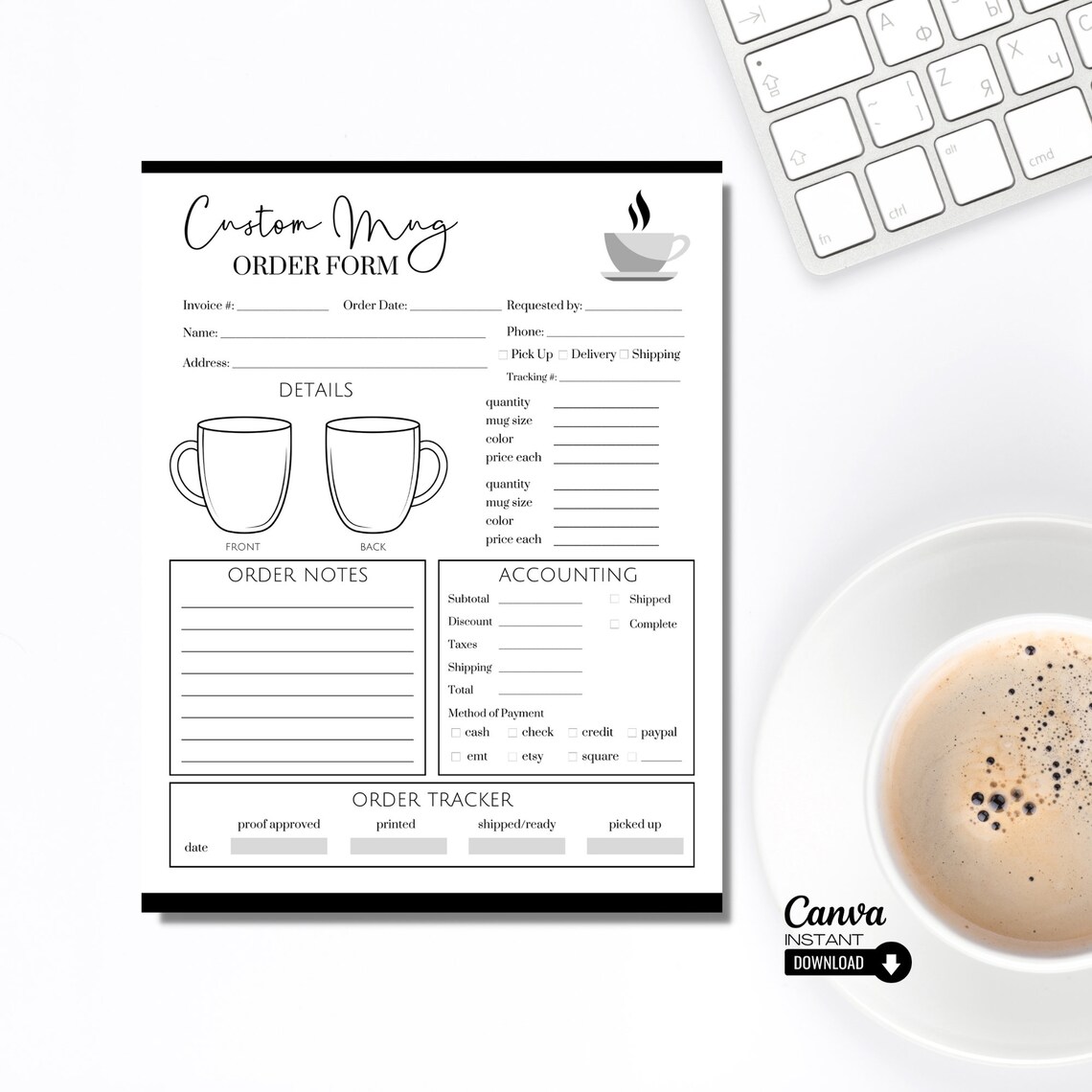 Editable Mug Order Form, Custom Mug Order Form, Printable Coffee Cup ...