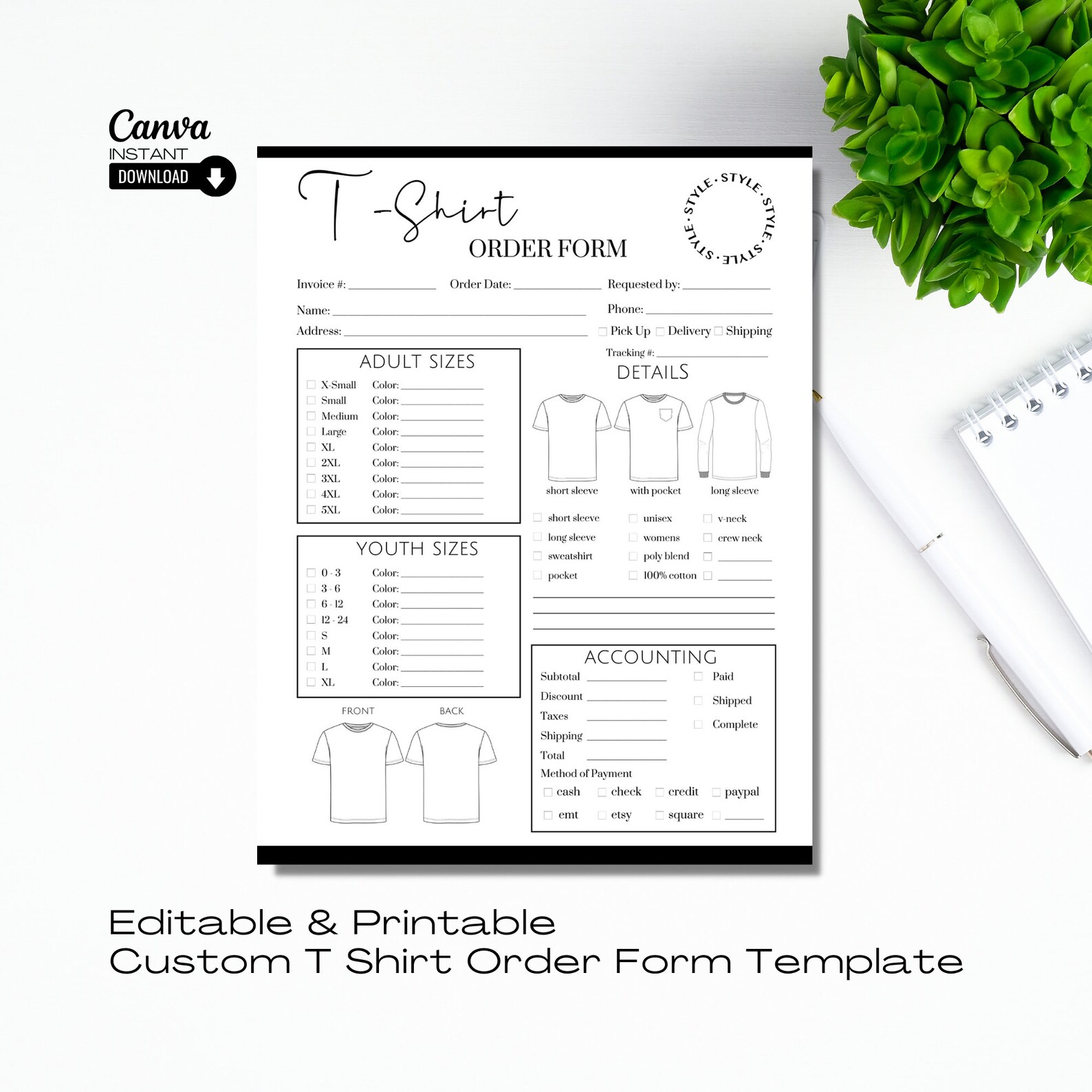 Editable T-shirt Custom Order Form, Printable Apparel Order Form ...