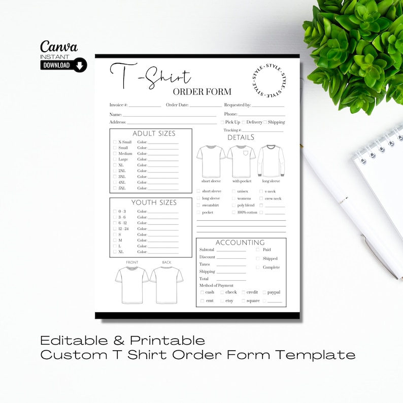 Editable T-shirt Custom Order Form, Printable Apparel Order Form ...