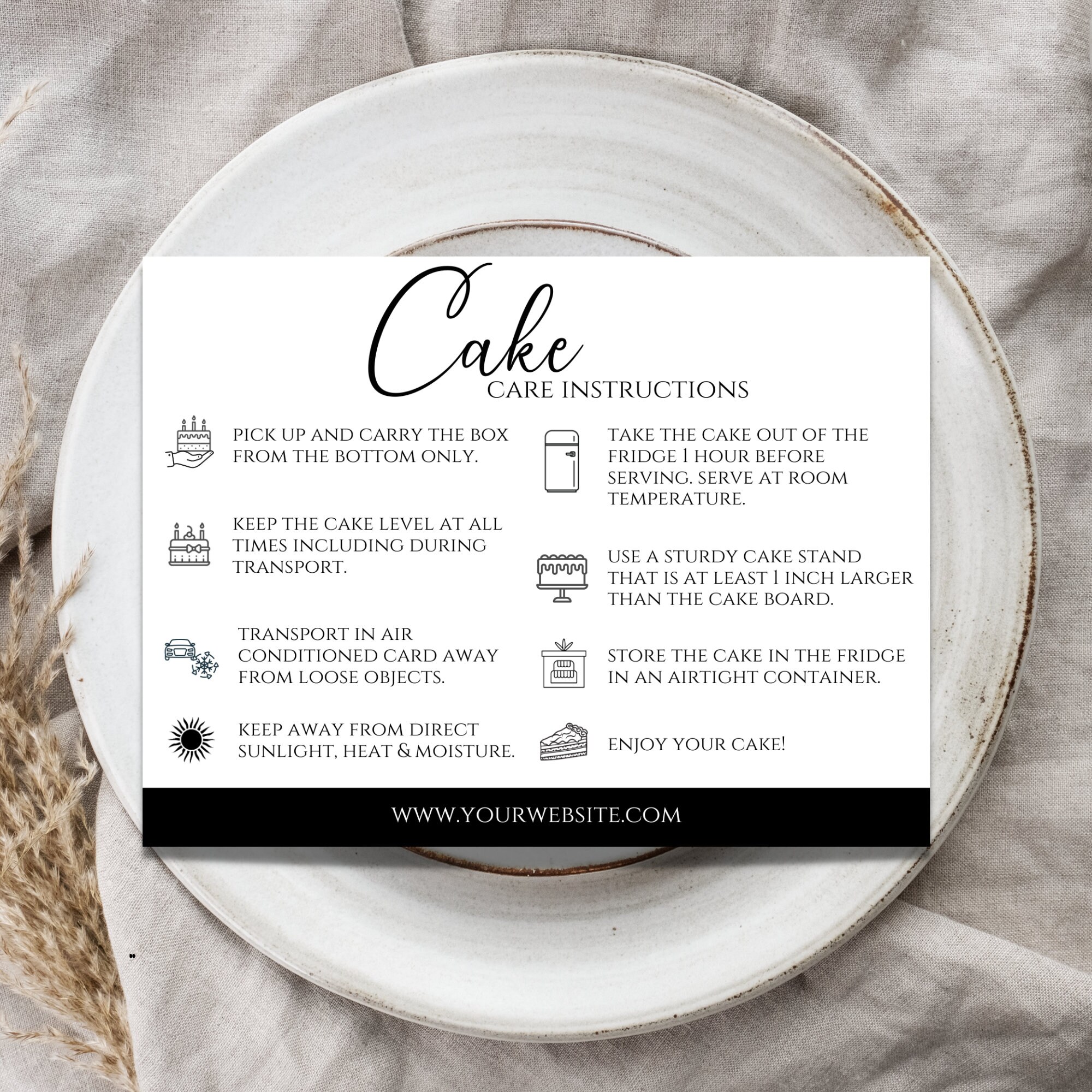 Cake Care Card Template, Editable Wedding Cake Care Cards, Printable ...