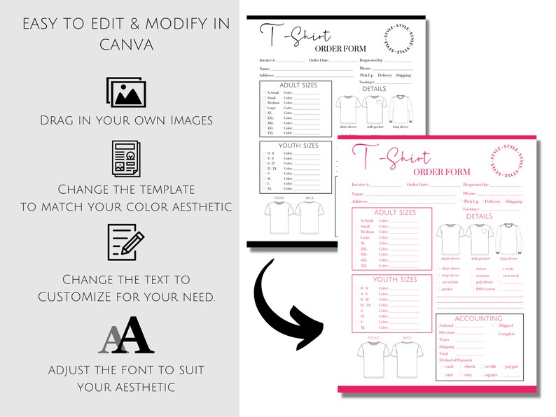 Editable T-shirt Custom Order Form Printable Apparel Order - Etsy
