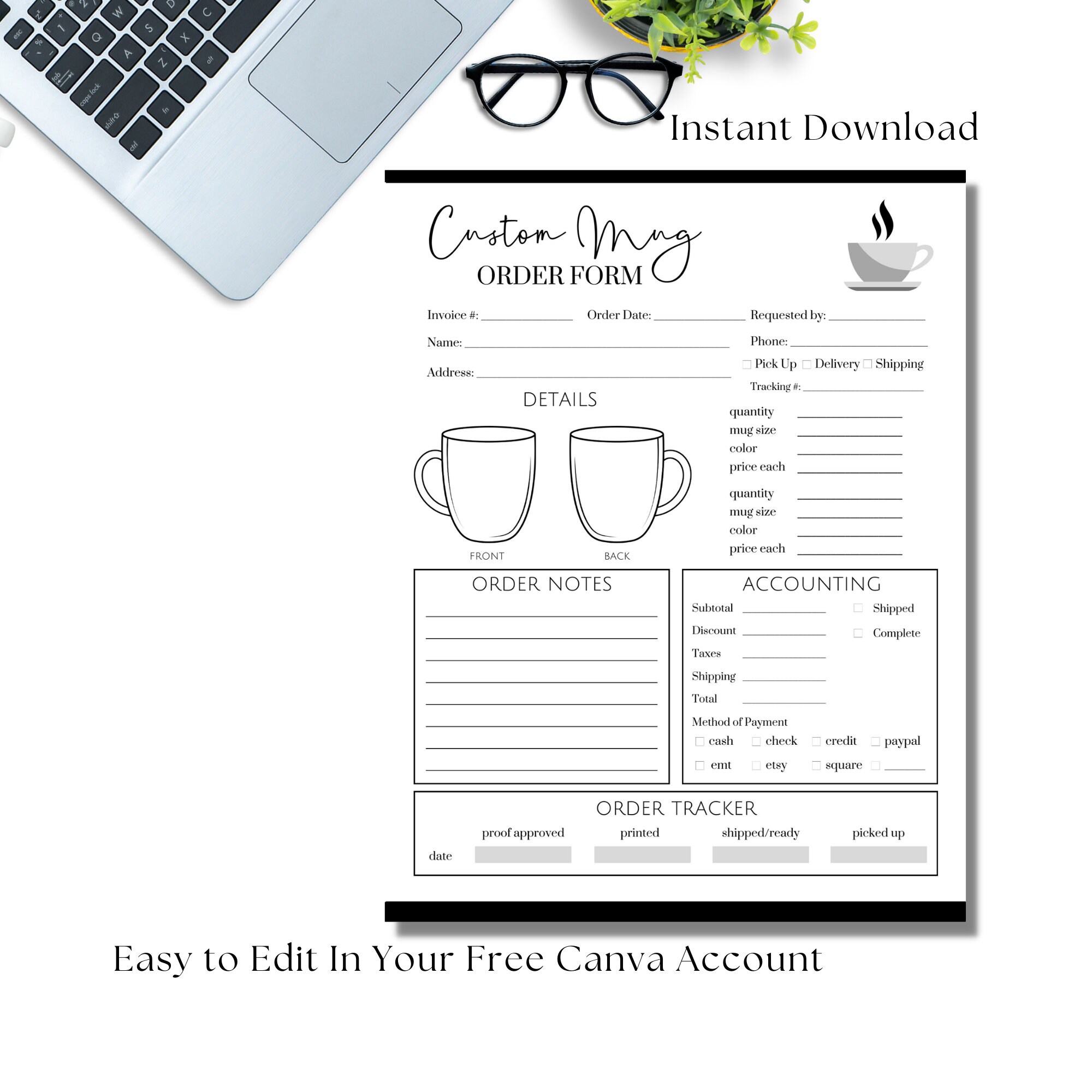 Editable Mug Order Form, Custom Mug Order Form, Printable Coffee Cup ...
