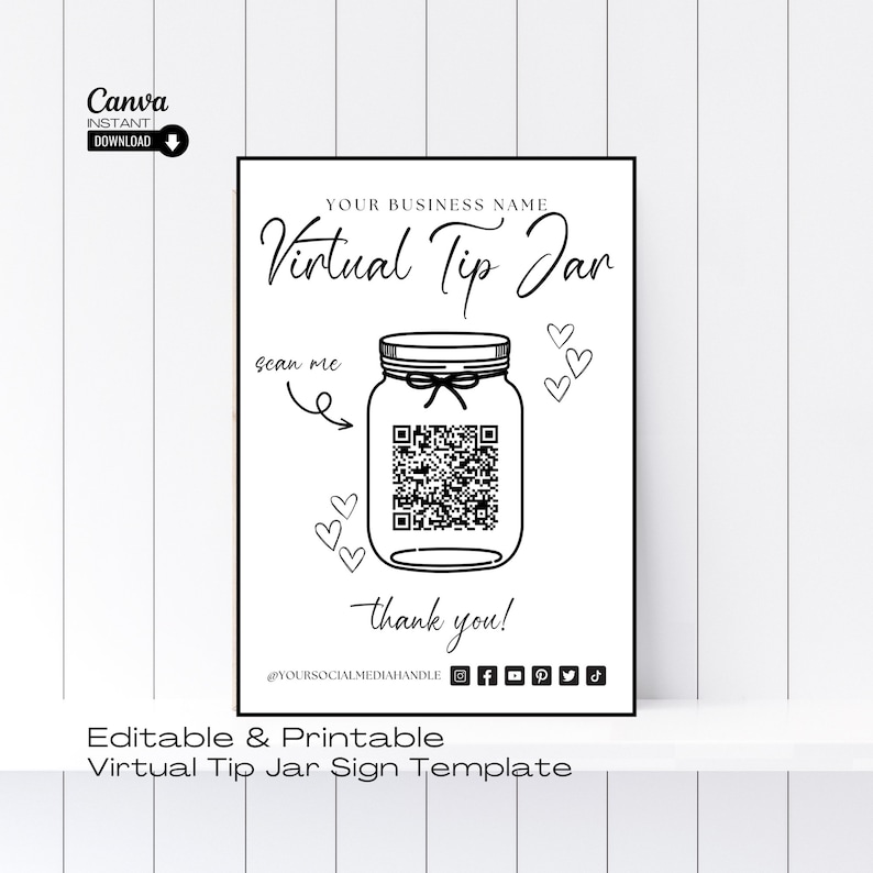 Editable Virtual Tip Jar Sign Template, Tip Jar QR Code Sign, Printable ...