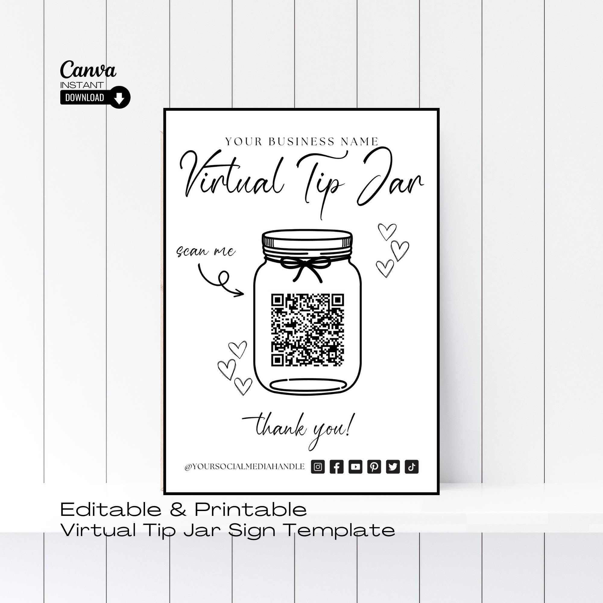 Editable Virtual Tip Jar Sign Template, Tip Jar QR Code Sign, Printable ...
