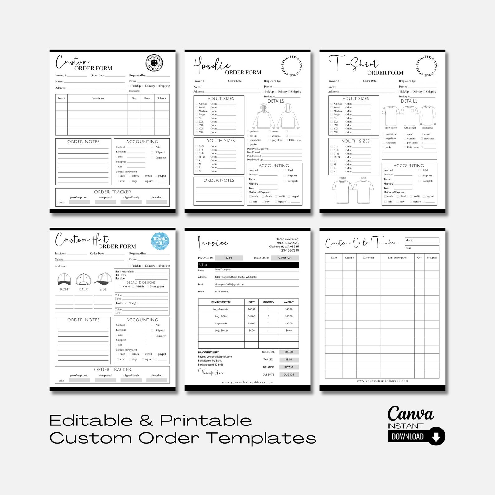 Editable Custom Order Form Bundle, Printable Order Forms, Order Form Template, Custom Hat Form ...