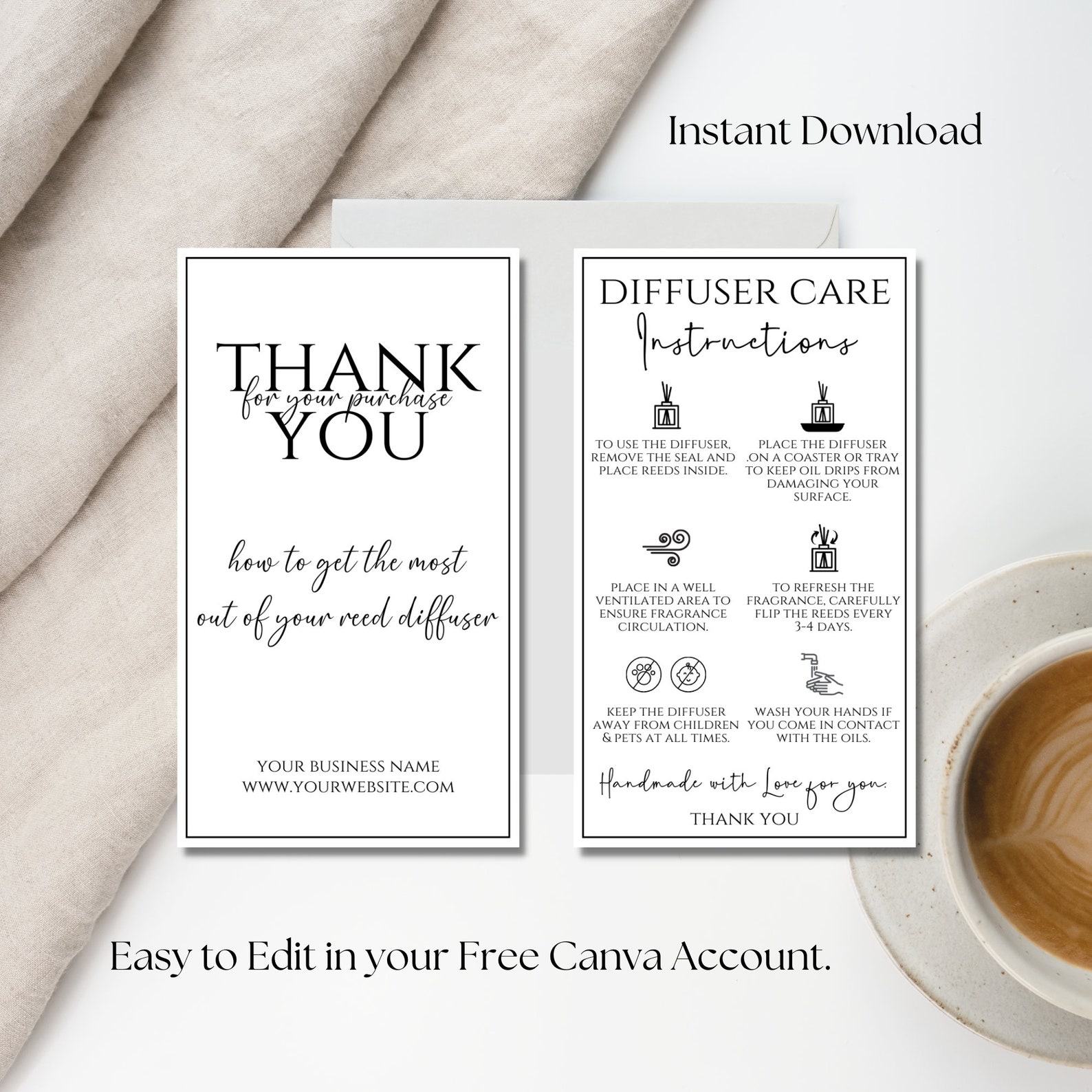 Editable Reed Diffuser Care Instructions Card Template, Printable Oil ...