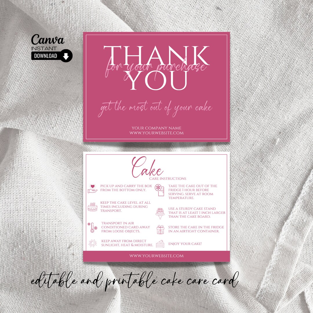 Cake Care Card Template, Editable Wedding Cake Care Cards, Printable ...