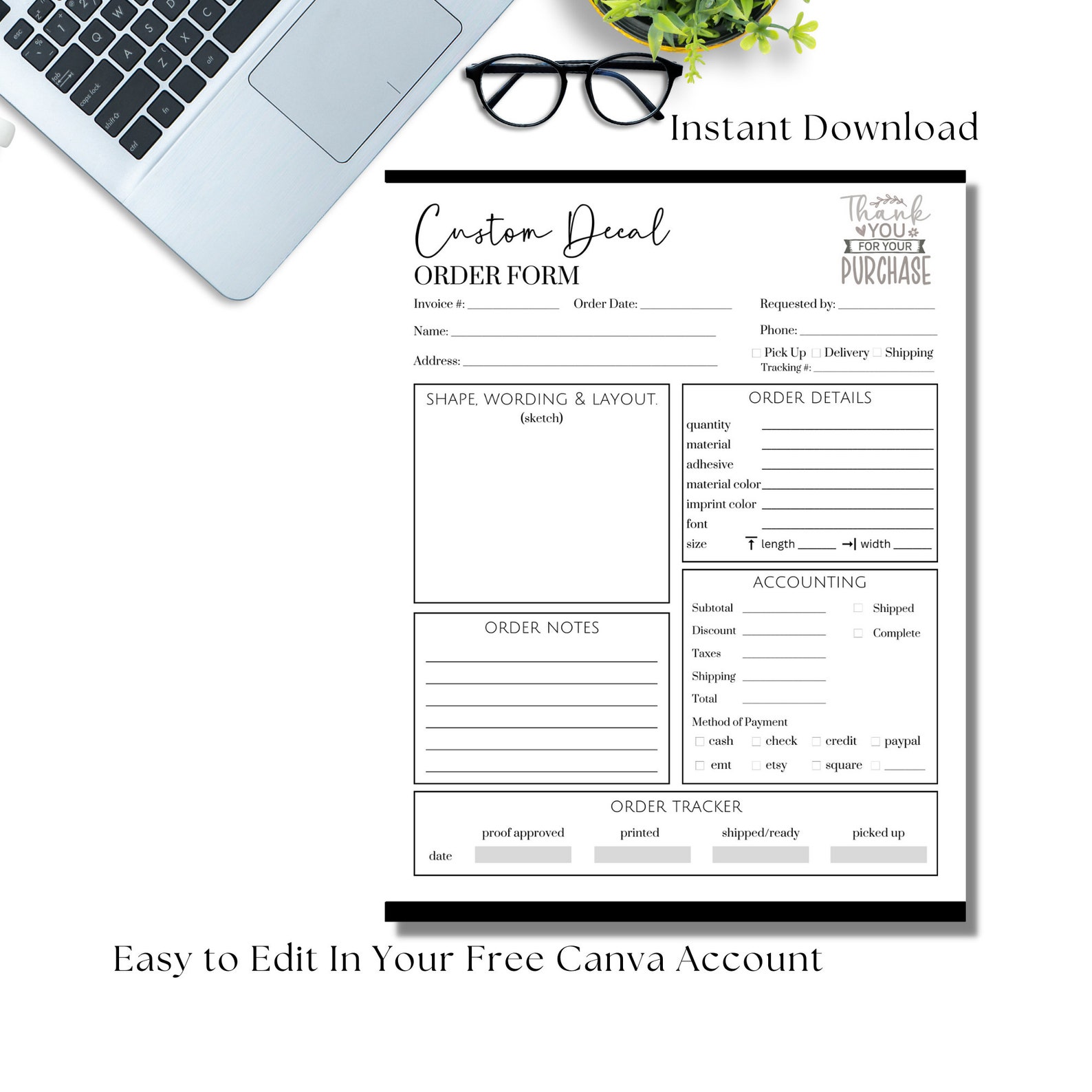 Editable Decal Order Form Template, Custom Decal Form, Printable Vinyl ...