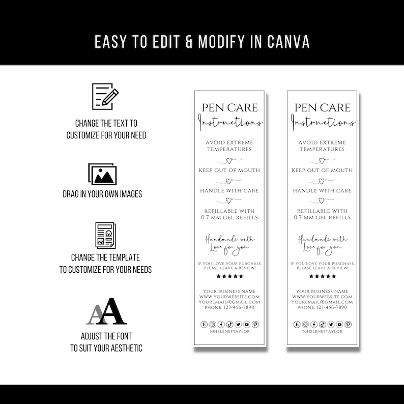 Editable Pen Care Instructions Card: Small Business Packaging (digital ...