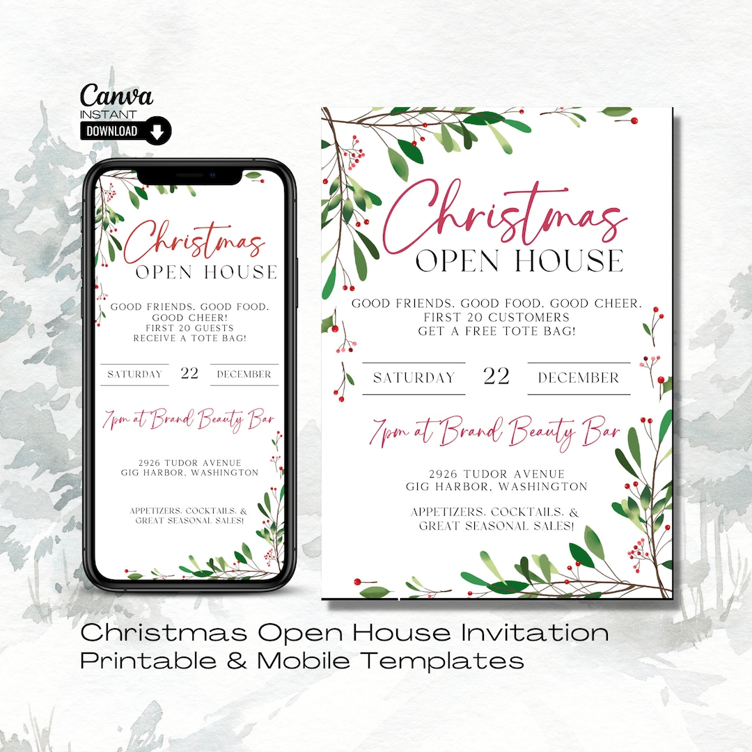 Editable Christmas Open House Invitation Template, Printable Small Business Xmas Open Houses ...