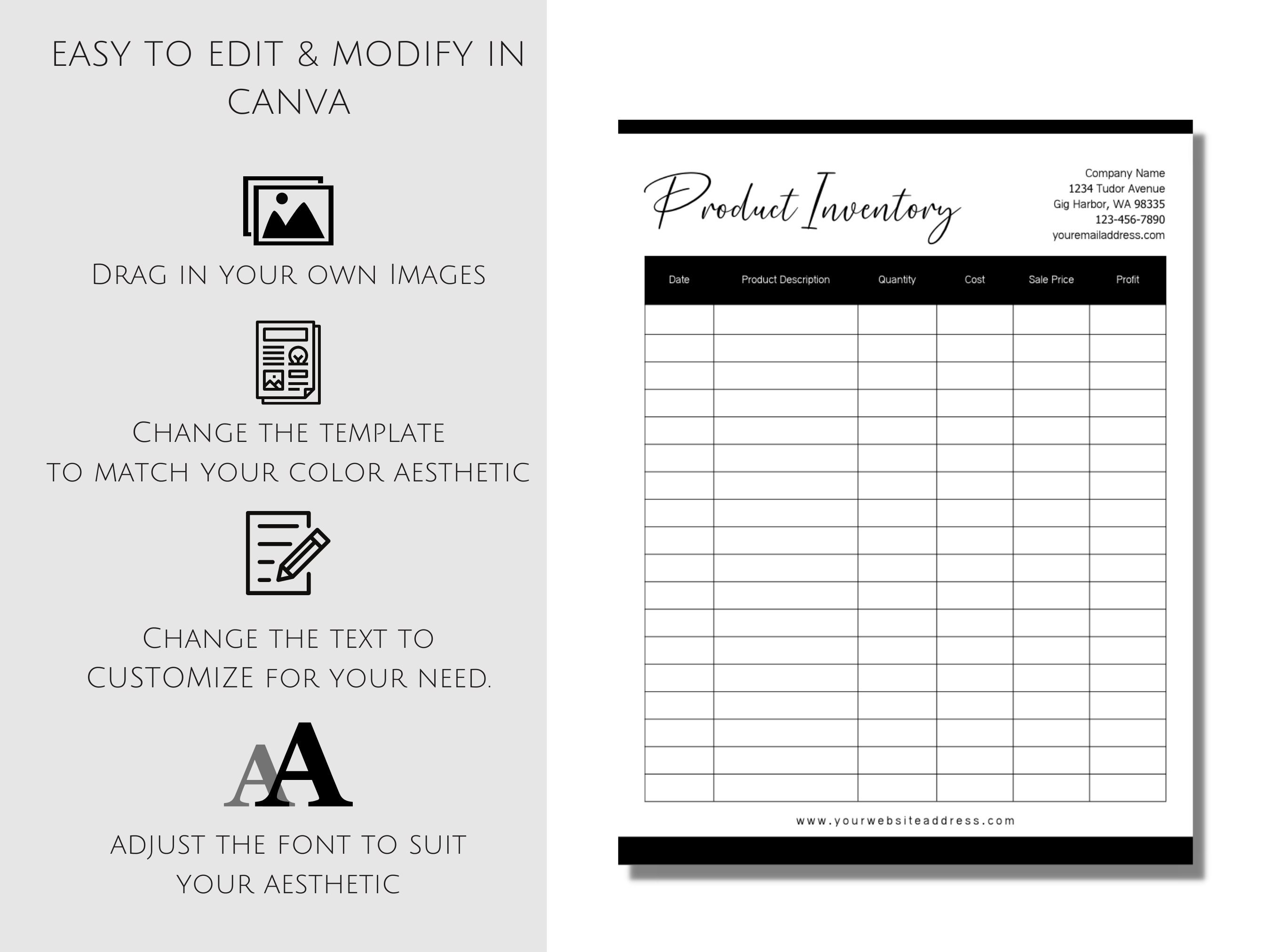 Product Inventory Log Template Editable Inventory Sheet - Etsy