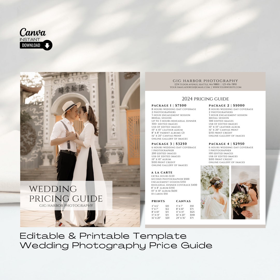 Wedding Photography Pricing List, Editable Wedding Pricing Guide Sheet Template, Wedding ...