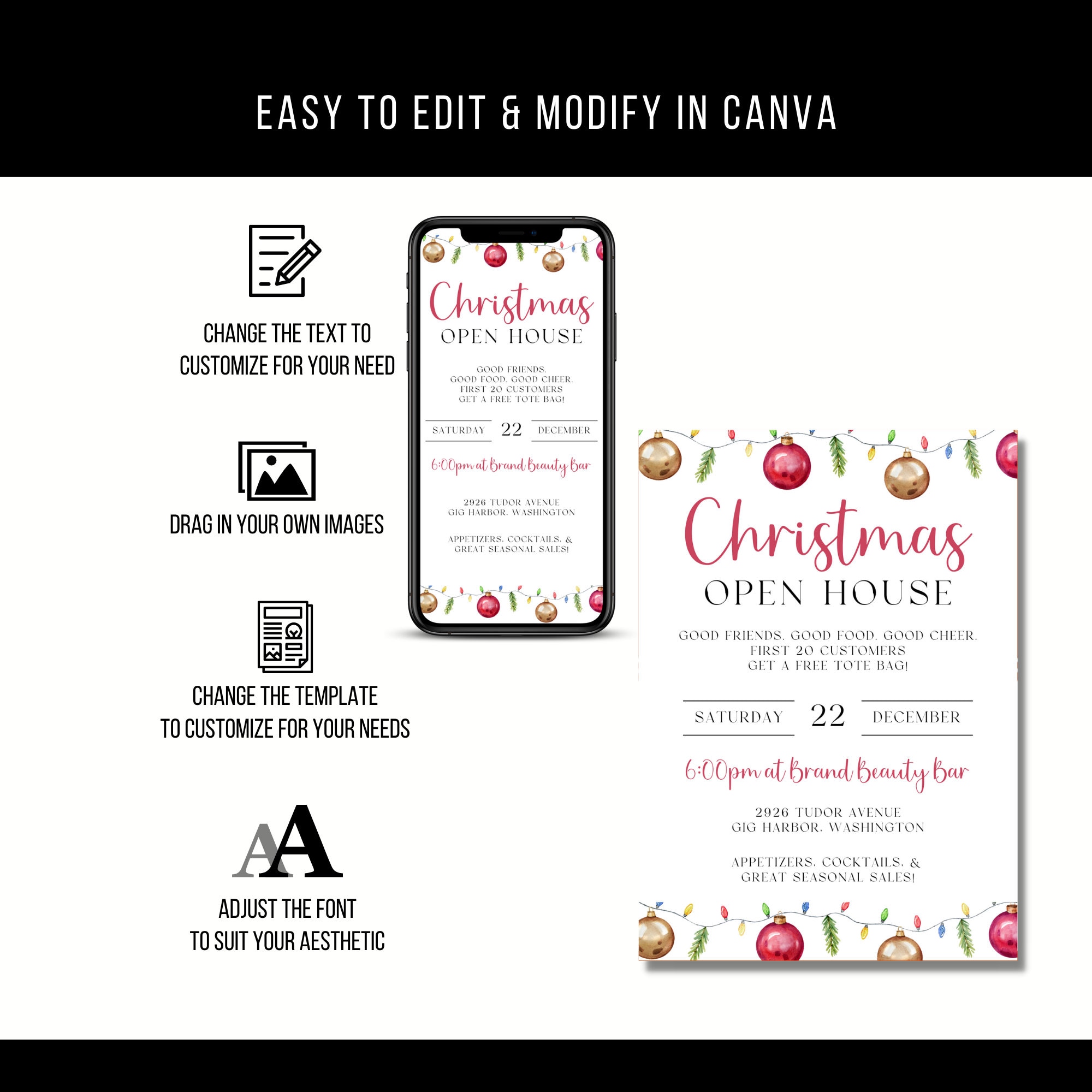 Editable Christmas Open House Invitation Template, Printable Small ...