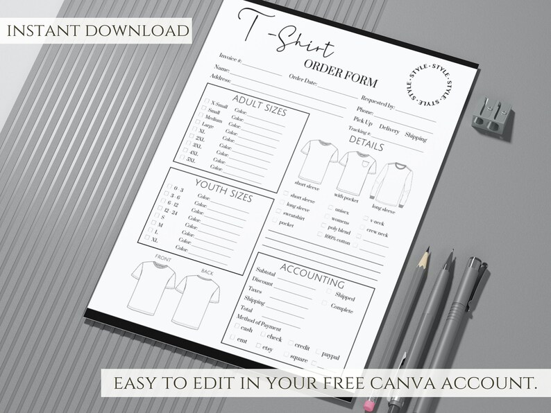 Editable T-shirt Custom Order Form Printable Apparel Order - Etsy