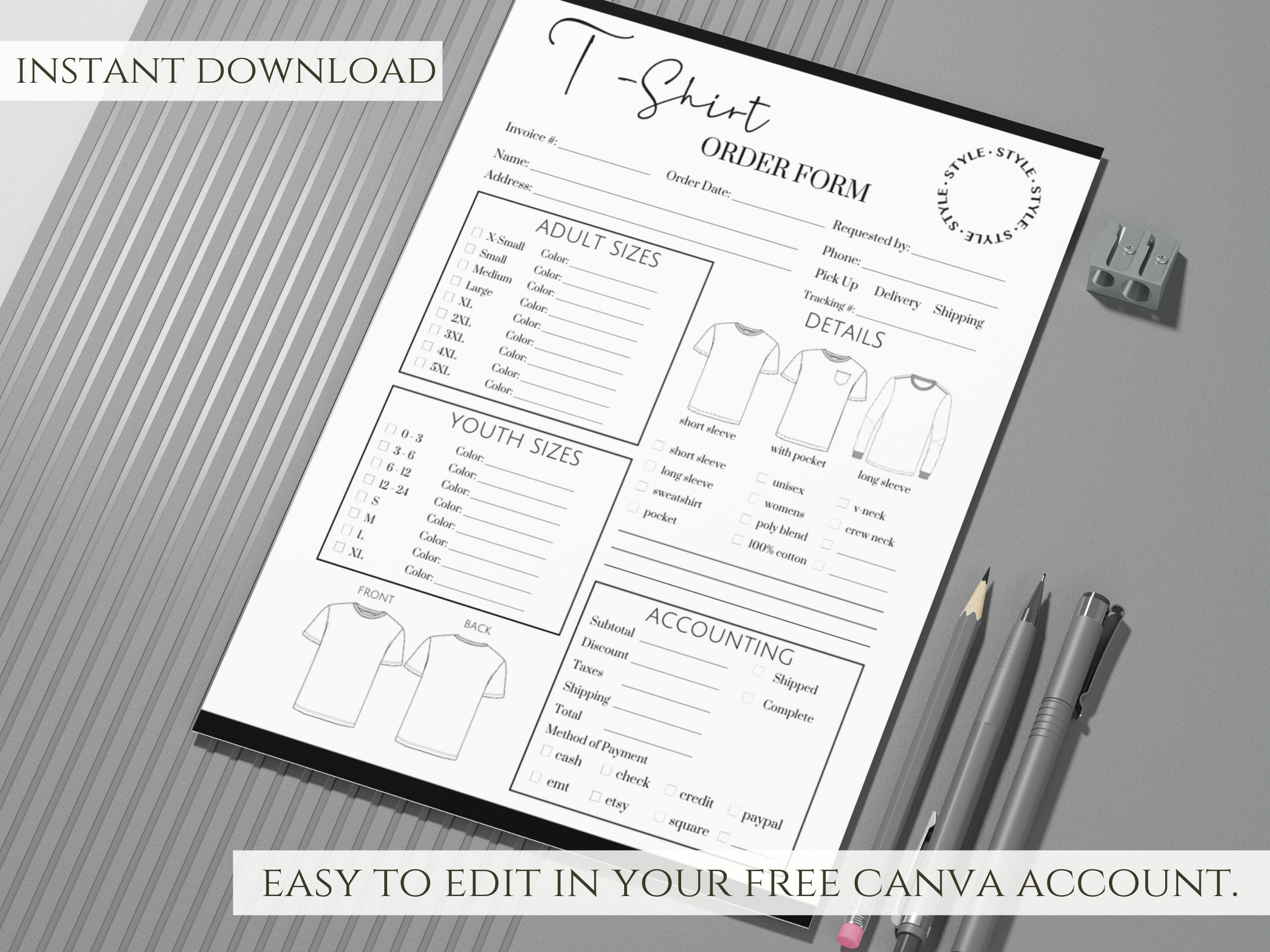 Editable T-shirt Custom Order Form Printable Apparel Order - Etsy