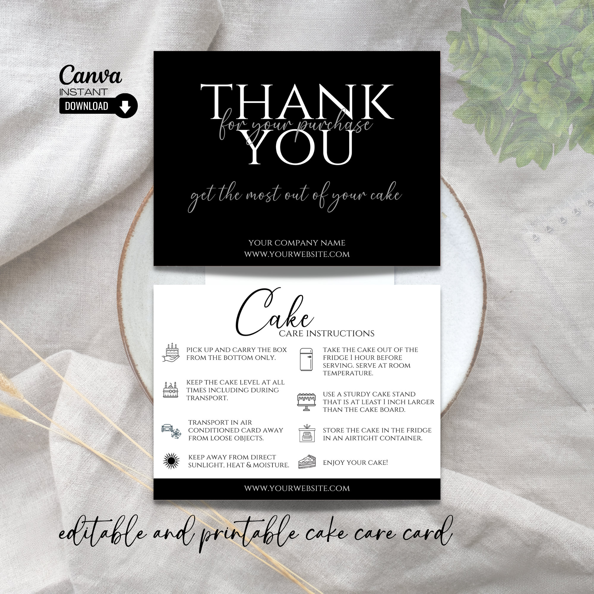 Cake Care Card Template, Editable Wedding Cake Care Cards, Printable ...