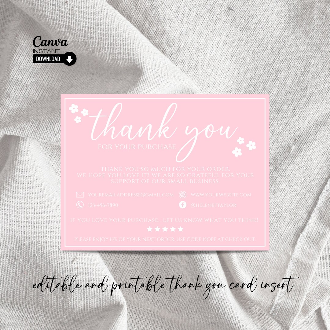 Printable Thank You Card Template, Editable Thank You Card Insert ...