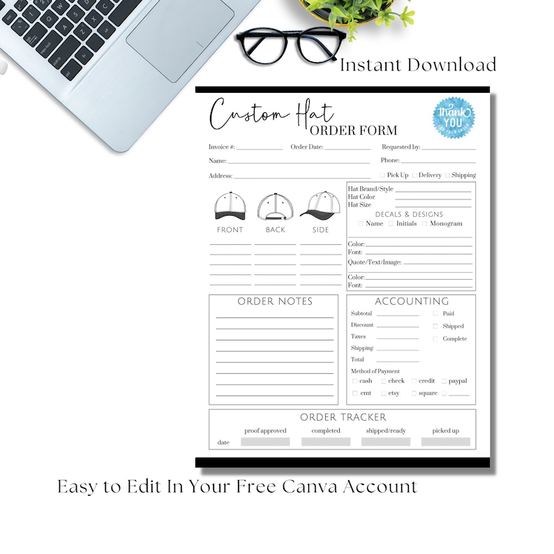 Editable Hat Order Form, Printable Order Form, Hat Order Form Template ...