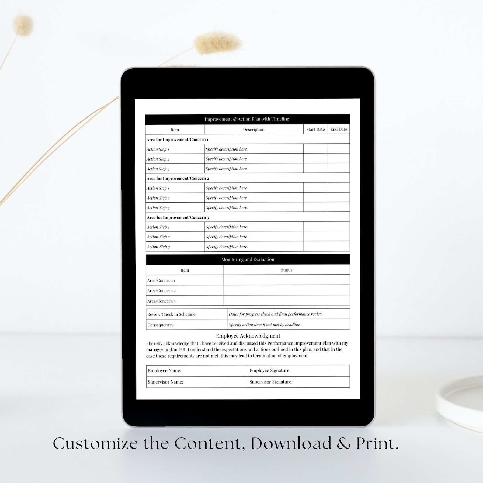 Editable Performance Improvement Plan Template: Printable Employee HR ...