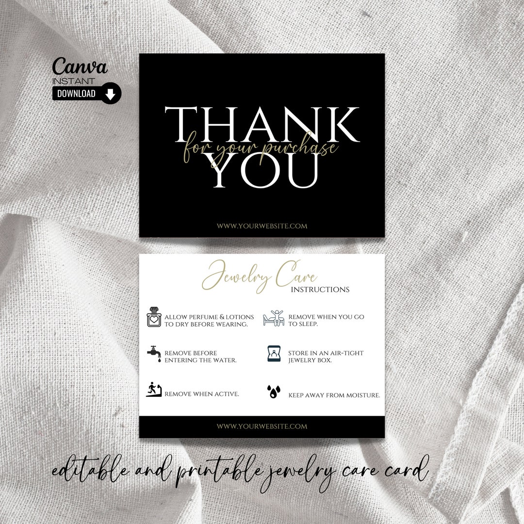 Editable Jewelry Care Card Template: Printable Thank You Insert (canva ...