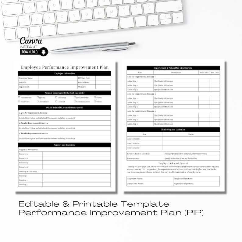 Editable Performance Improvement Plan Template: Printable Employee HR ...
