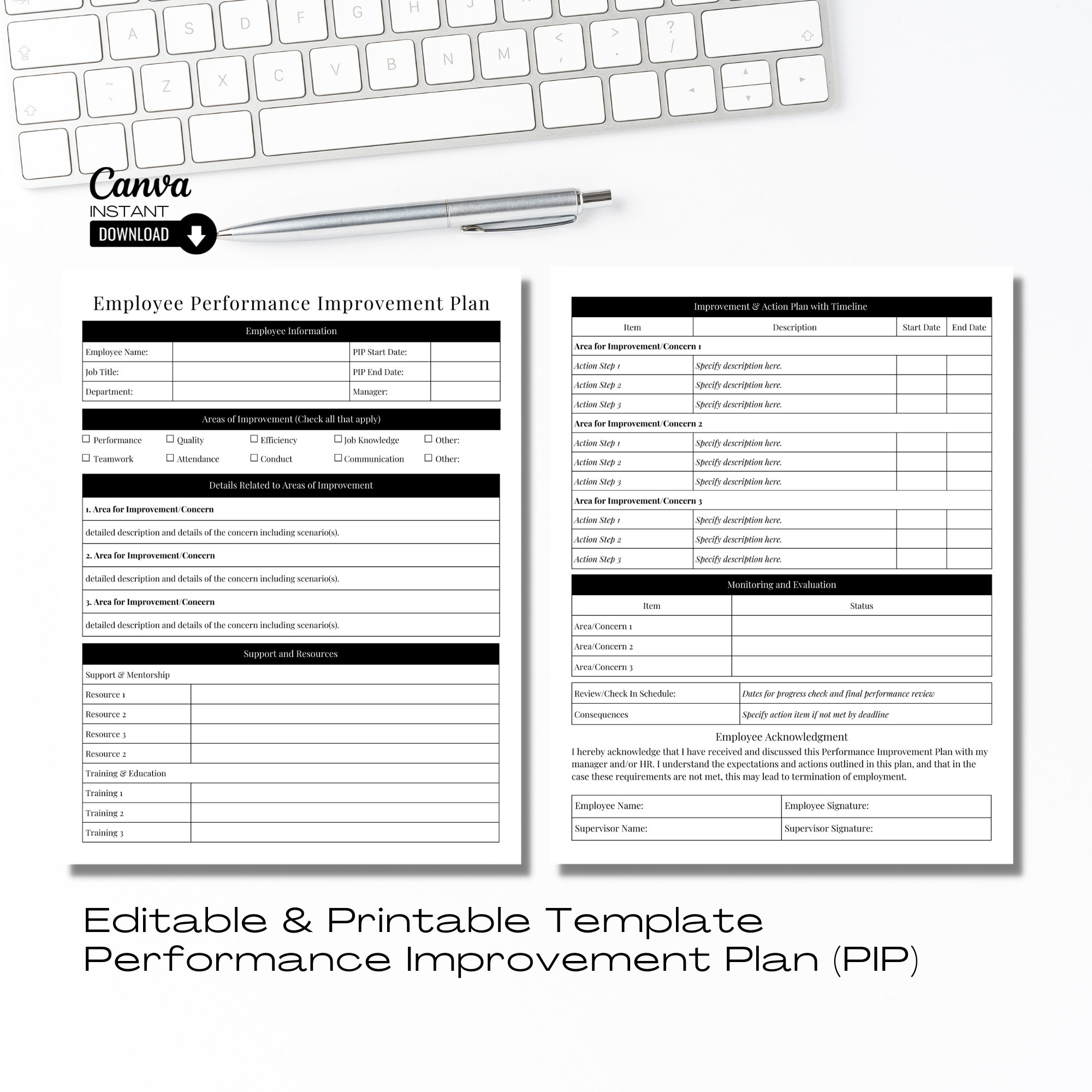 Editable Performance Improvement Plan Template, Printable Employee ...