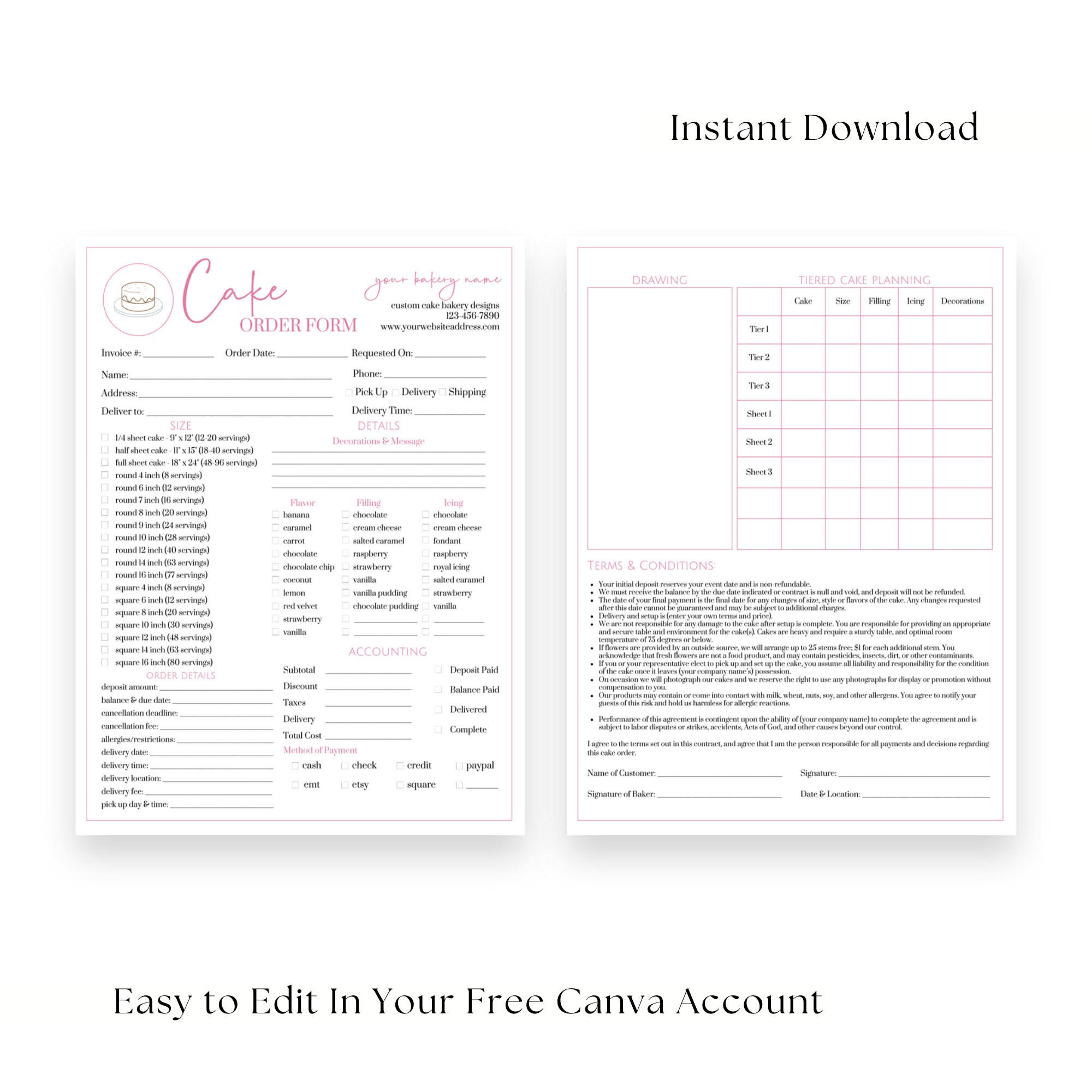 Editable Bakery Cake Order Form: Custom Invoice Template (printable ...