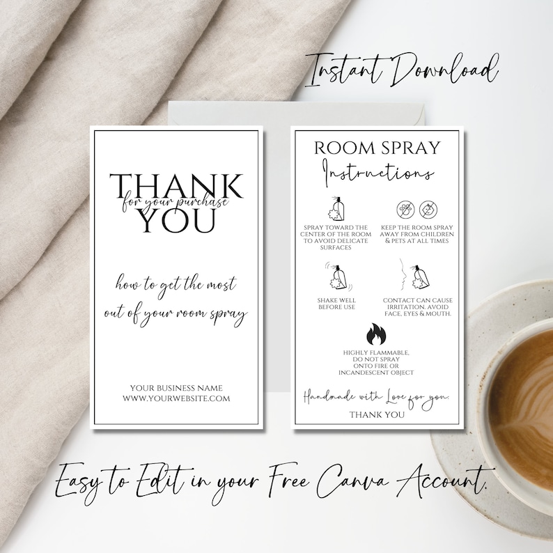 Editable Room Spray Care Card Template: Printable Instructions (2x3.5 ...