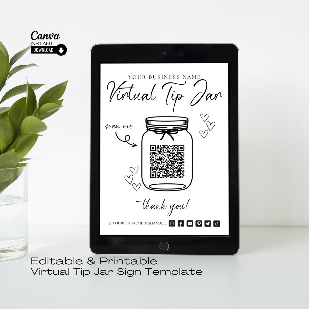 Editable Virtual Tip Jar Sign Template, Tip Jar QR Code Sign, Printable Tip Jar Sign, Bartender ...