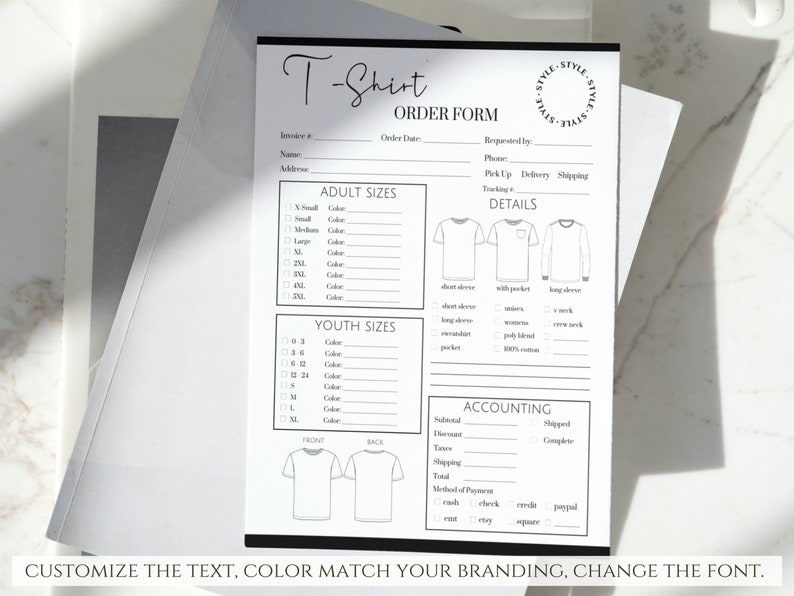 Editable T-shirt Custom Order Form Printable Apparel Order - Etsy